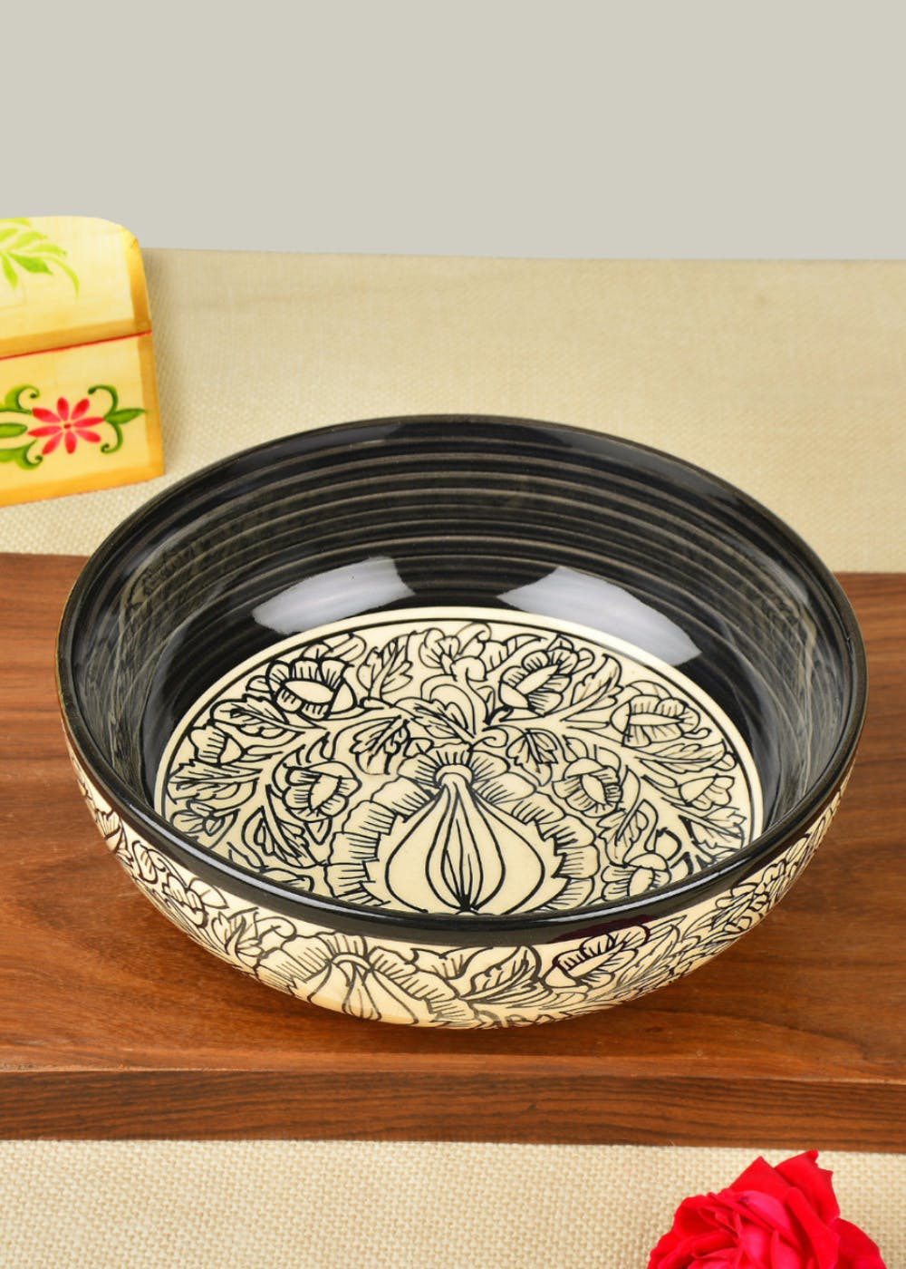 Get Off White And Black Kalamkari Handpainted Ceramic Bowl at ₹ 1135 ...