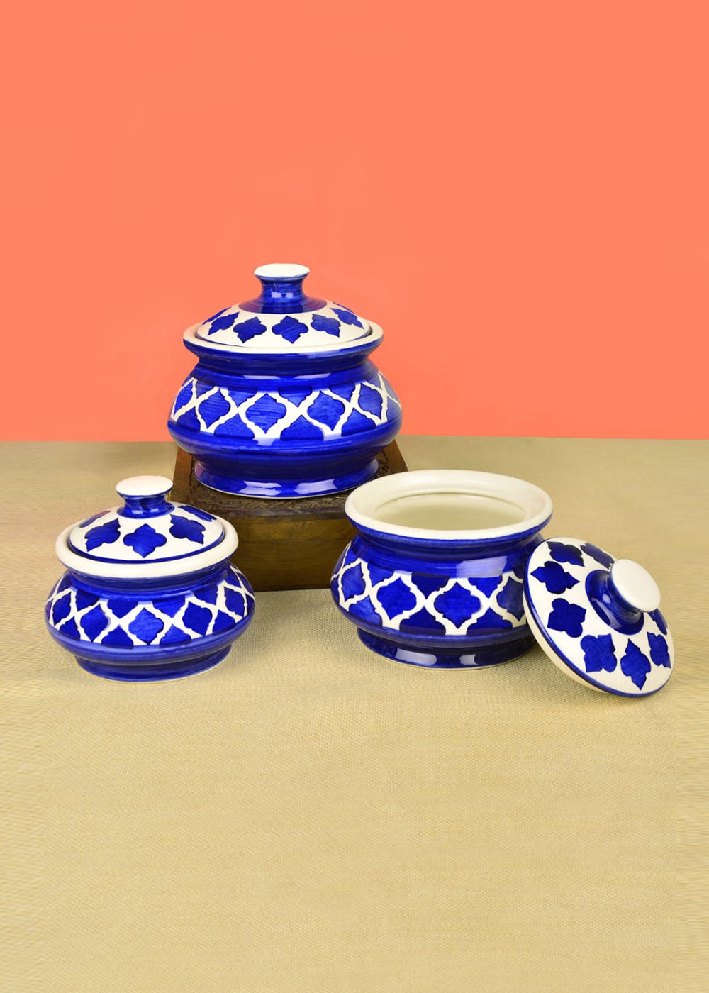 Get Blue Hand Painted Ceramic Handi Set with Lid - Set of 3 at ₹ 1110 ...