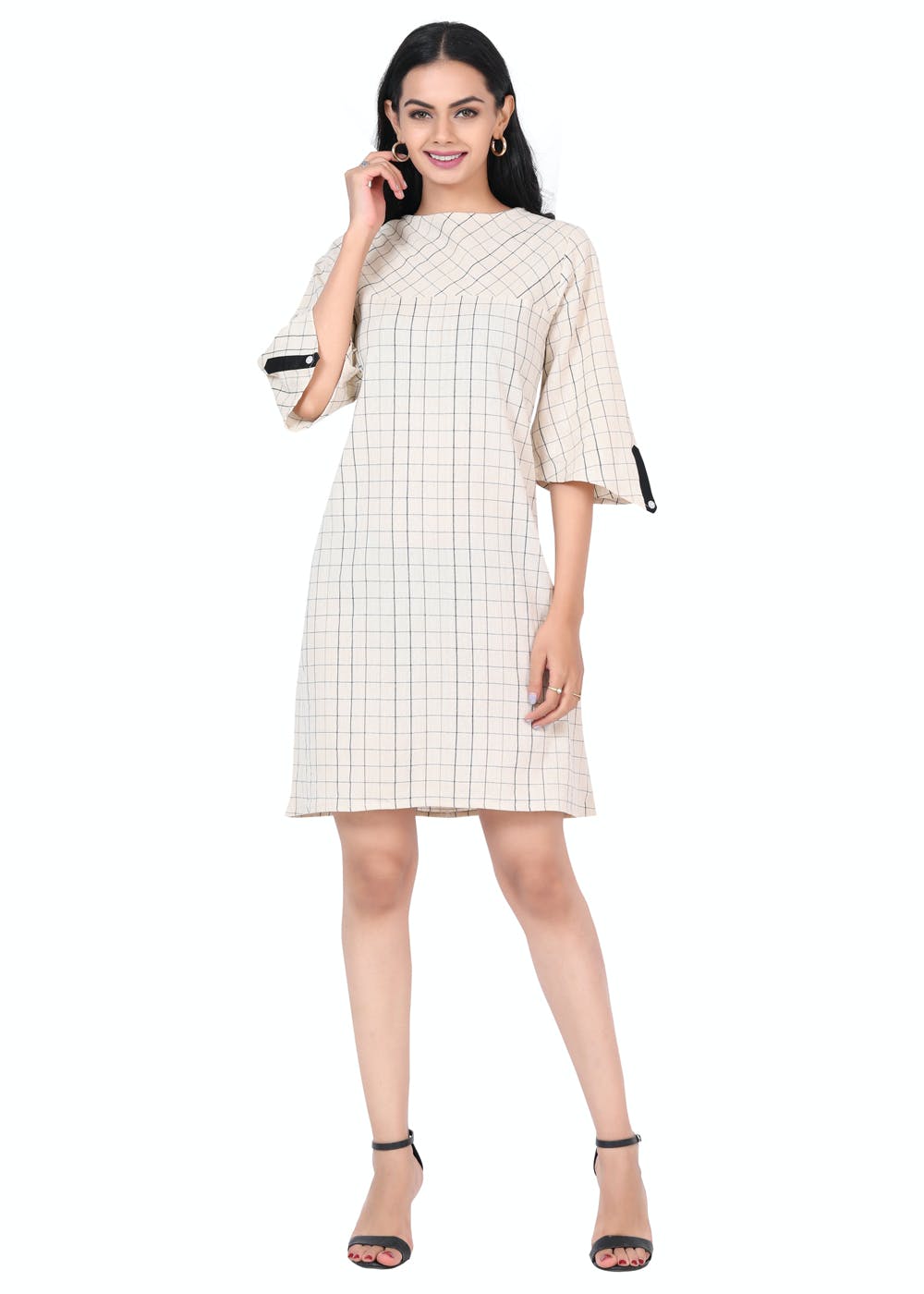 Get Flared Sleeve Detail Checkered Beige Dress at ₹ 1499 | LBB Shop