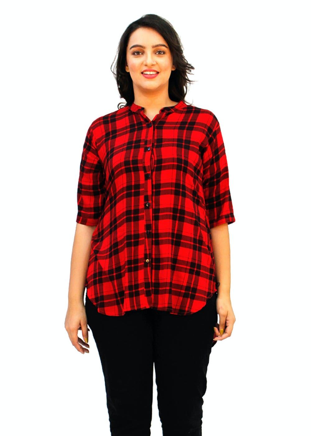 Get Curved Hem Detail Red Checkered Shirt at ₹ 1500 | LBB Shop