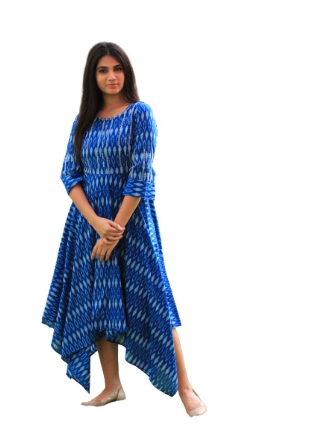 Get Drop Hem Detail Blue Silk Ikat Dress at ₹ 2500 | LBB Shop
