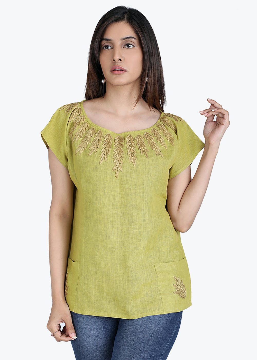 Get Embroidery Detail Linen Sheer Solid Top at ₹ 3000 | LBB Shop