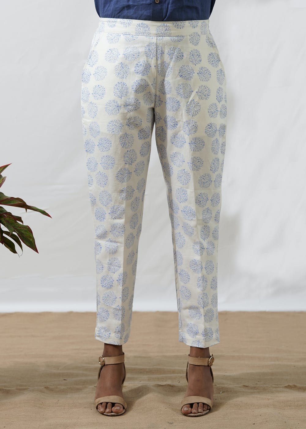Get Handblock Leaf Motif Printed White Linen Trousers at ₹ 1850 | LBB Shop