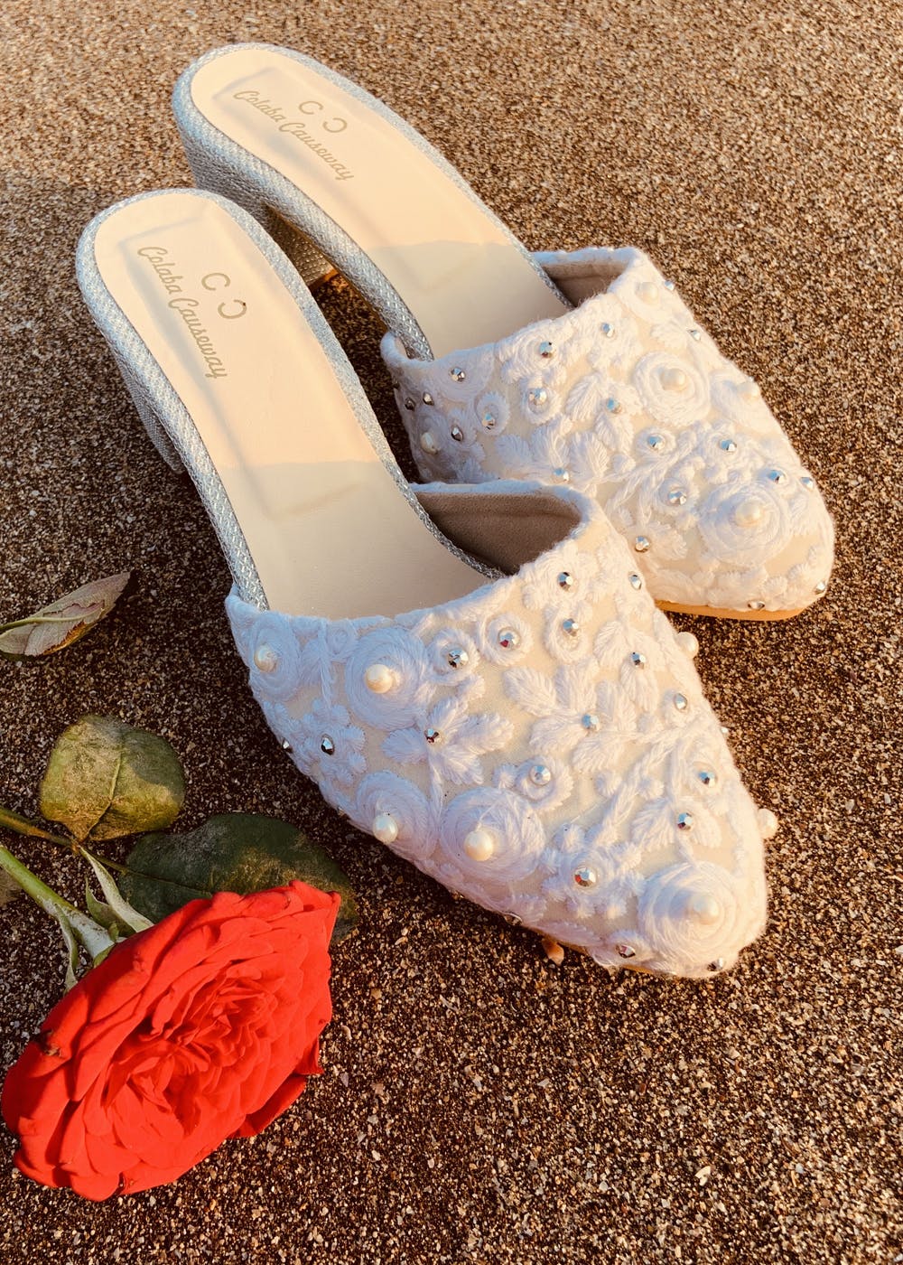 Get Pearl & Floral Embroidery White Heeled Mules at ₹ 2360 | LBB Shop