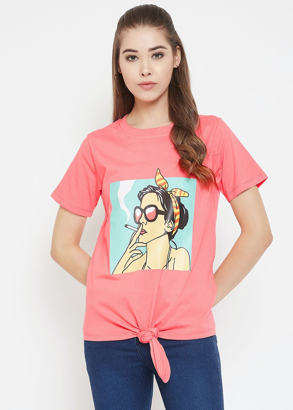 Get Hem Tie Detail Graphic Printed Peach T-Shirt at ₹ 750 | LBB Shop