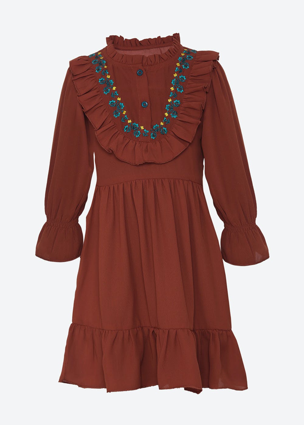 Get Ruffled Overlap Neck Detail Embroidered Rust Dress at ₹ 824 | LBB Shop