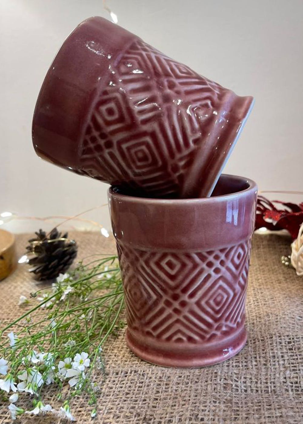Get Maroon Pink Aztec Mugs - Set of 2 at ₹ 750 | LBB Shop