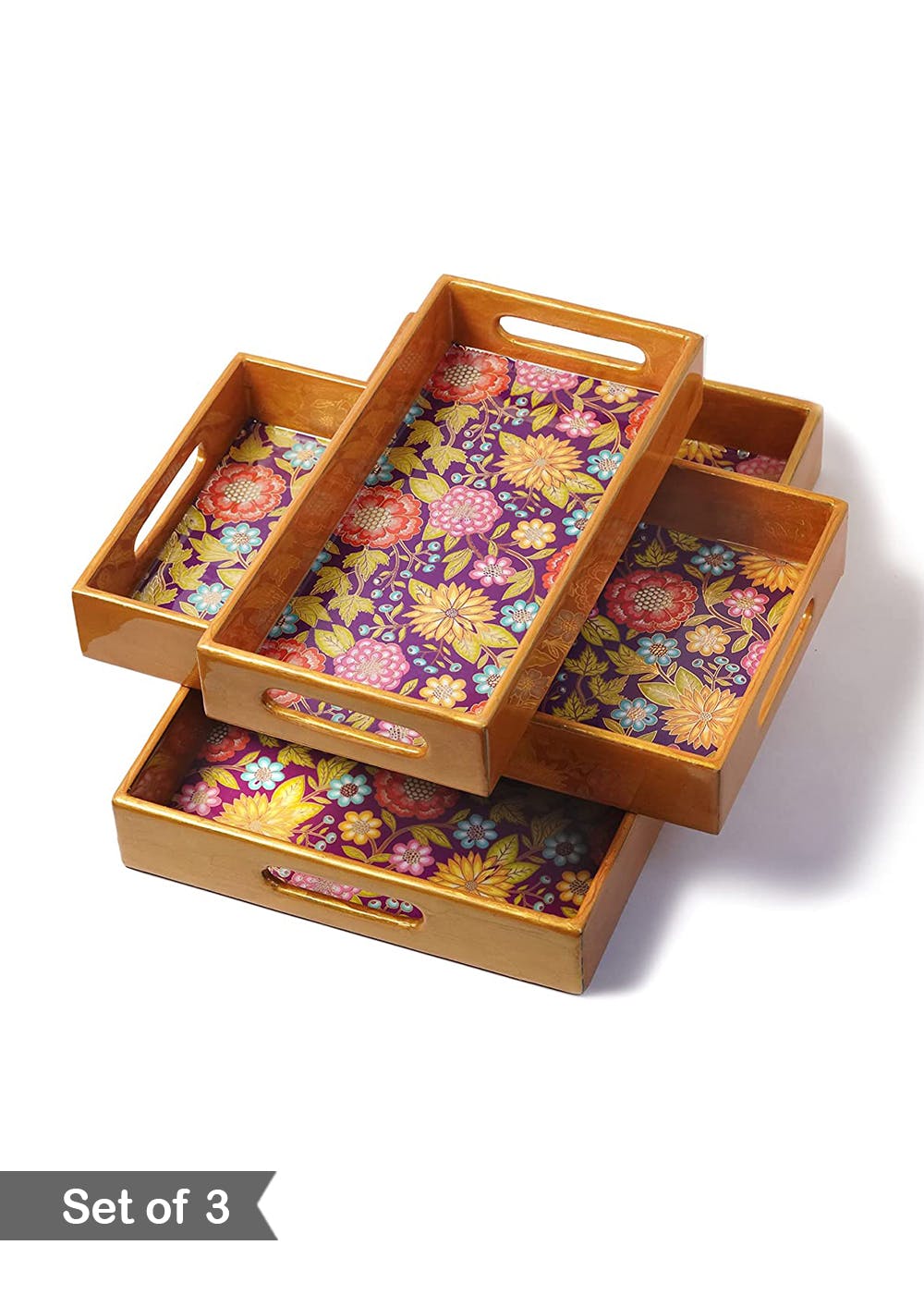 Get Set of 3 Handcrafted Wood and MDF Trays at ₹ 2449 | LBB Shop