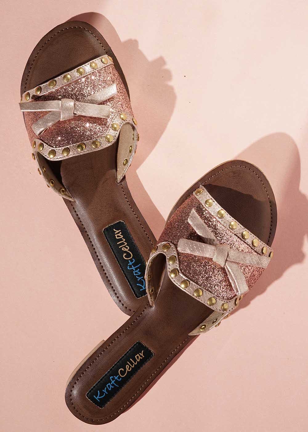 Get Bow Embellished Rose Gold Glitter Slides at ₹ 799 | LBB Shop