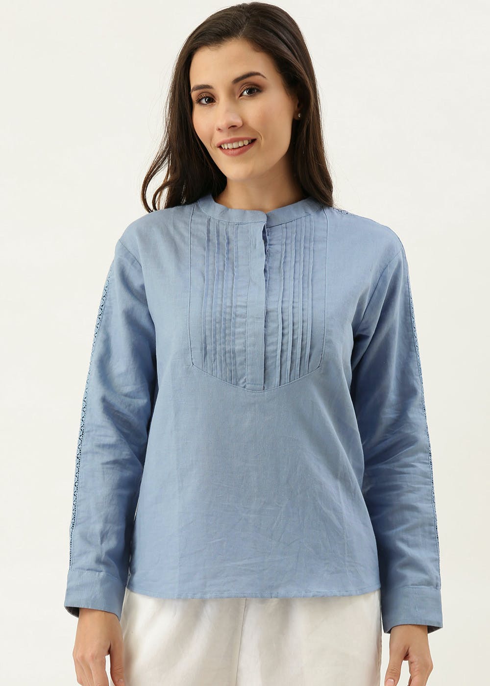 Get Pintuck Detail Blue Linen Top at ₹ 1947 | LBB Shop