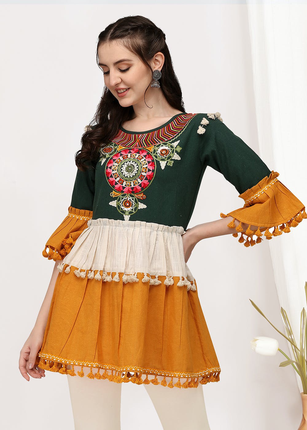 Get Beautiful Dark Green Cotton Embroidered Long Kedia Top at ₹ 1499 ...