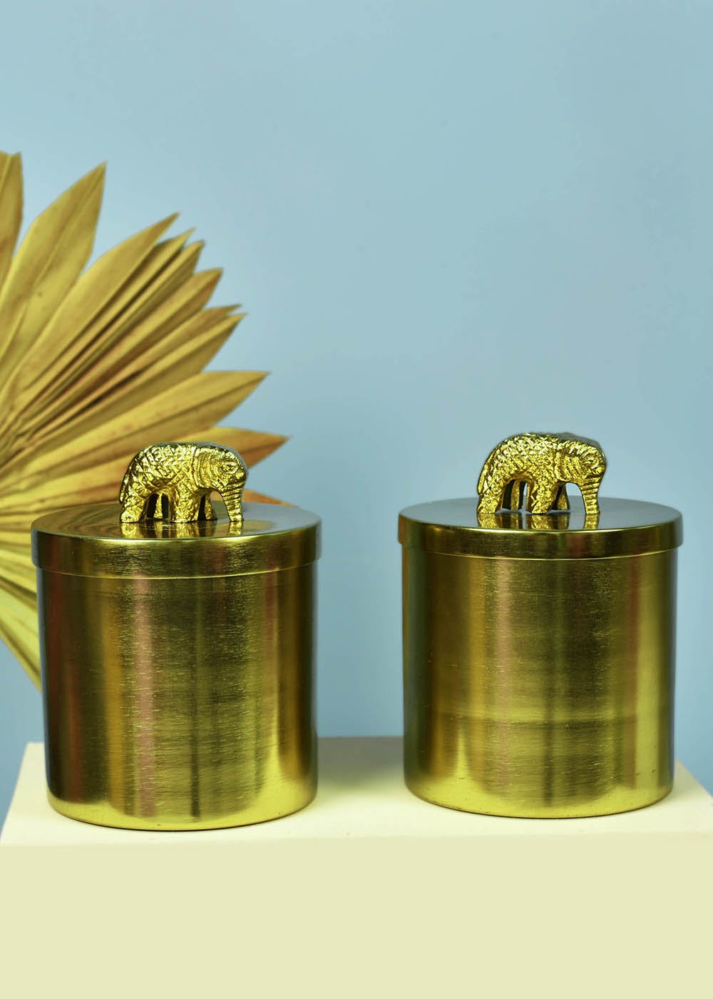 Get Metal Gold Finish Jars Set Of 2 With Elephant Lid- 5.5 Inches Tall ...
