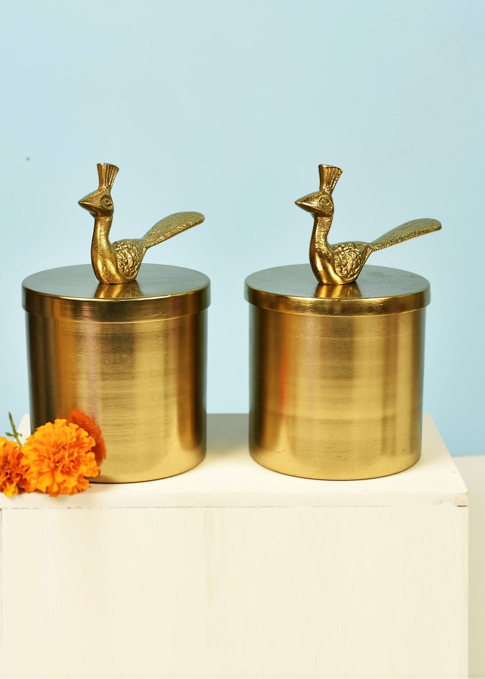Get Metal Gold Jars Set Of 2 With Peacock Lid 6.7 Inches Tall at ₹ 1649 ...