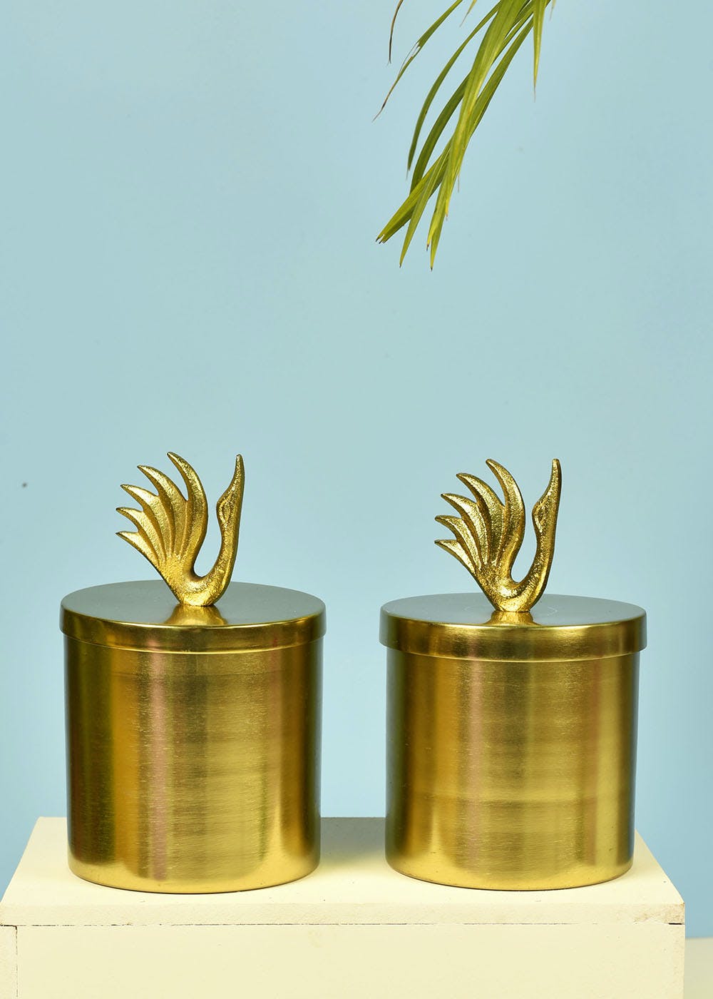 Get Metal Gold Jars Set Of 2 With Swan Lid 6.7 Inches Tall at ₹ 1649 ...