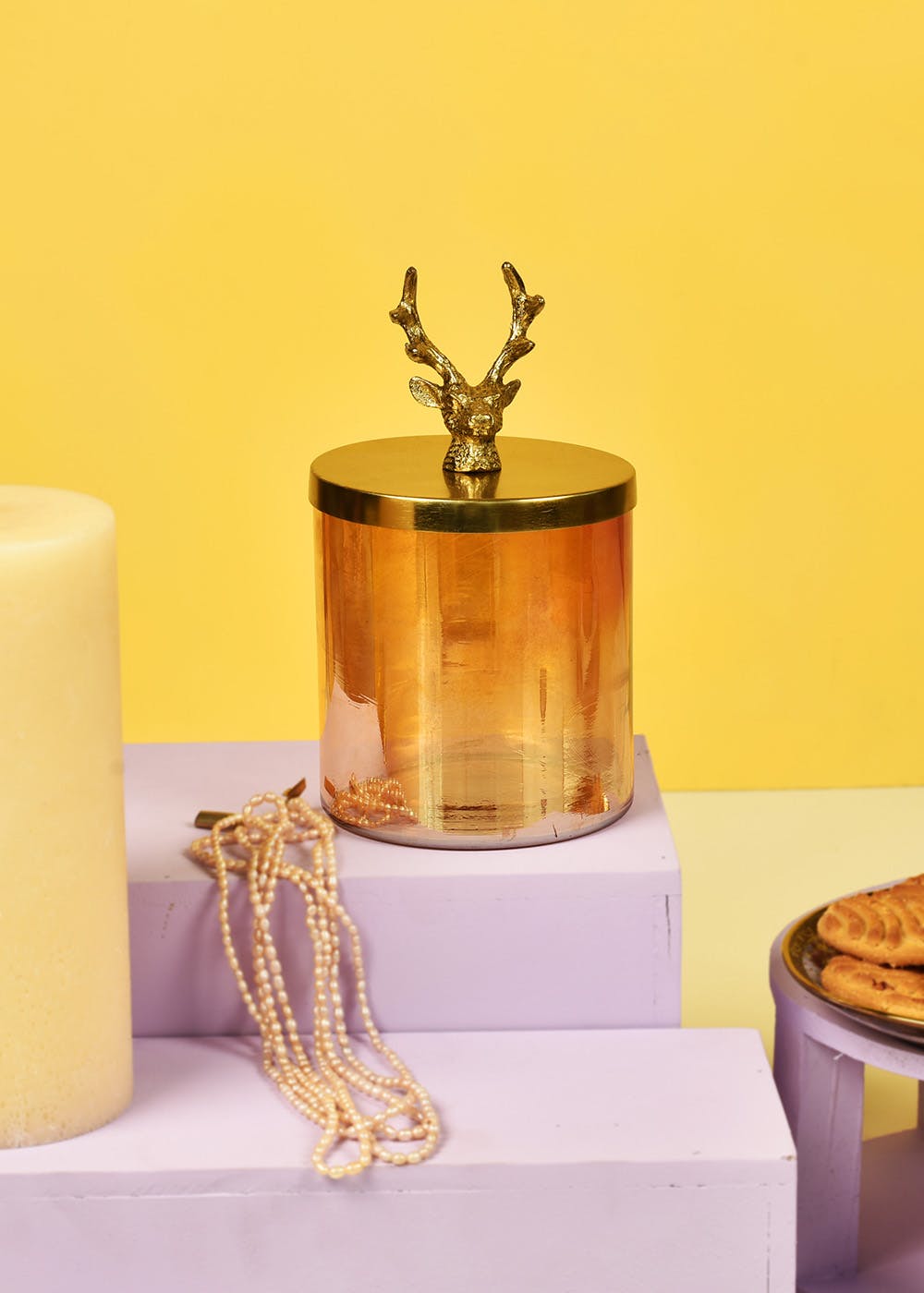 Get Lustre Glass Gold Jars Set Of 2 With Reindeer Lid- 5.5 Inches Tall ...