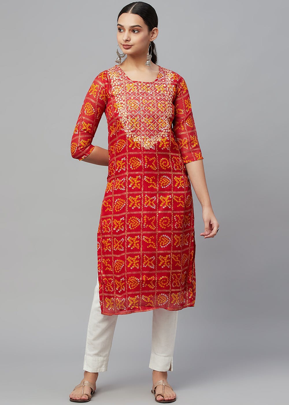 Get Red Cotton Printed Three Quarter Sleeve Square Neck Kurta at ₹ 883 ...