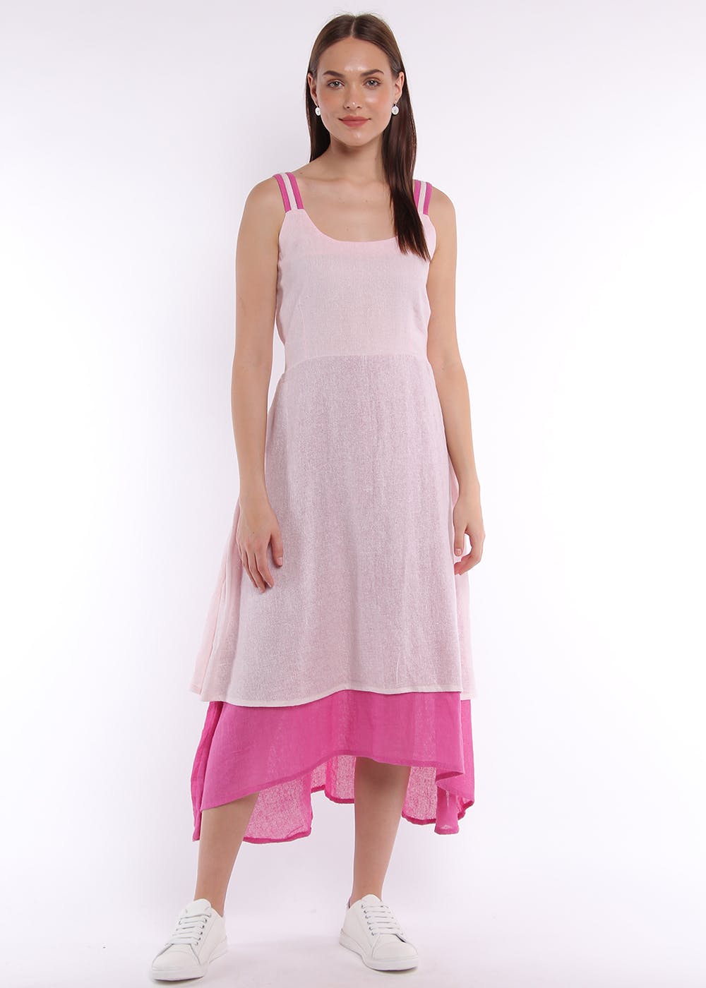Get Solid Pink Double Layered Strappy Dress at ₹ 1250 | LBB Shop