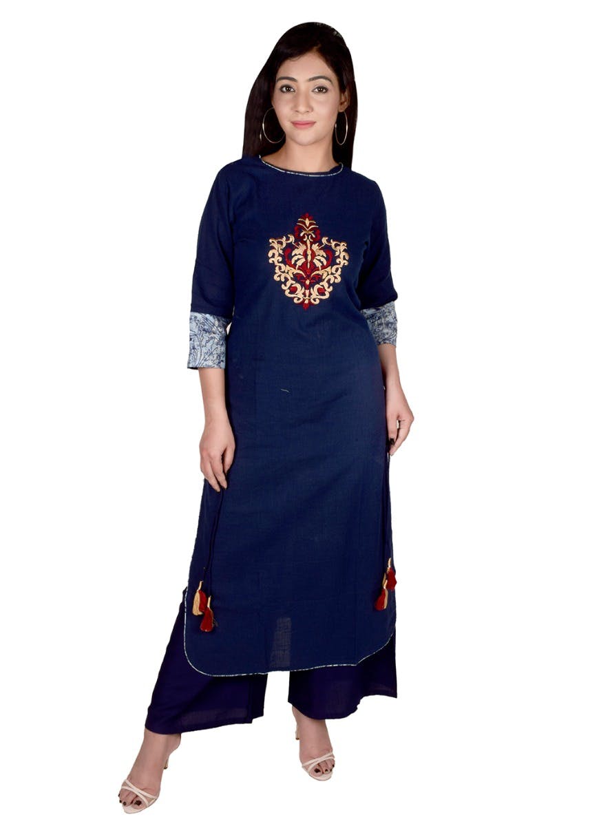Get Floral Centre Embroidered Navy Blue Tunic at ₹ 459 | LBB Shop