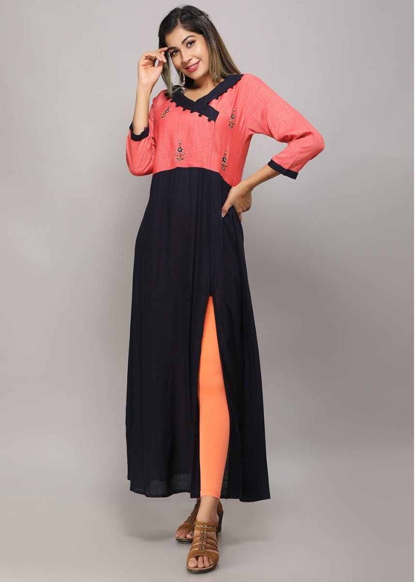 Get High Side Slit Detail Embroidered Navy Kurta at ₹ 659 | LBB Shop