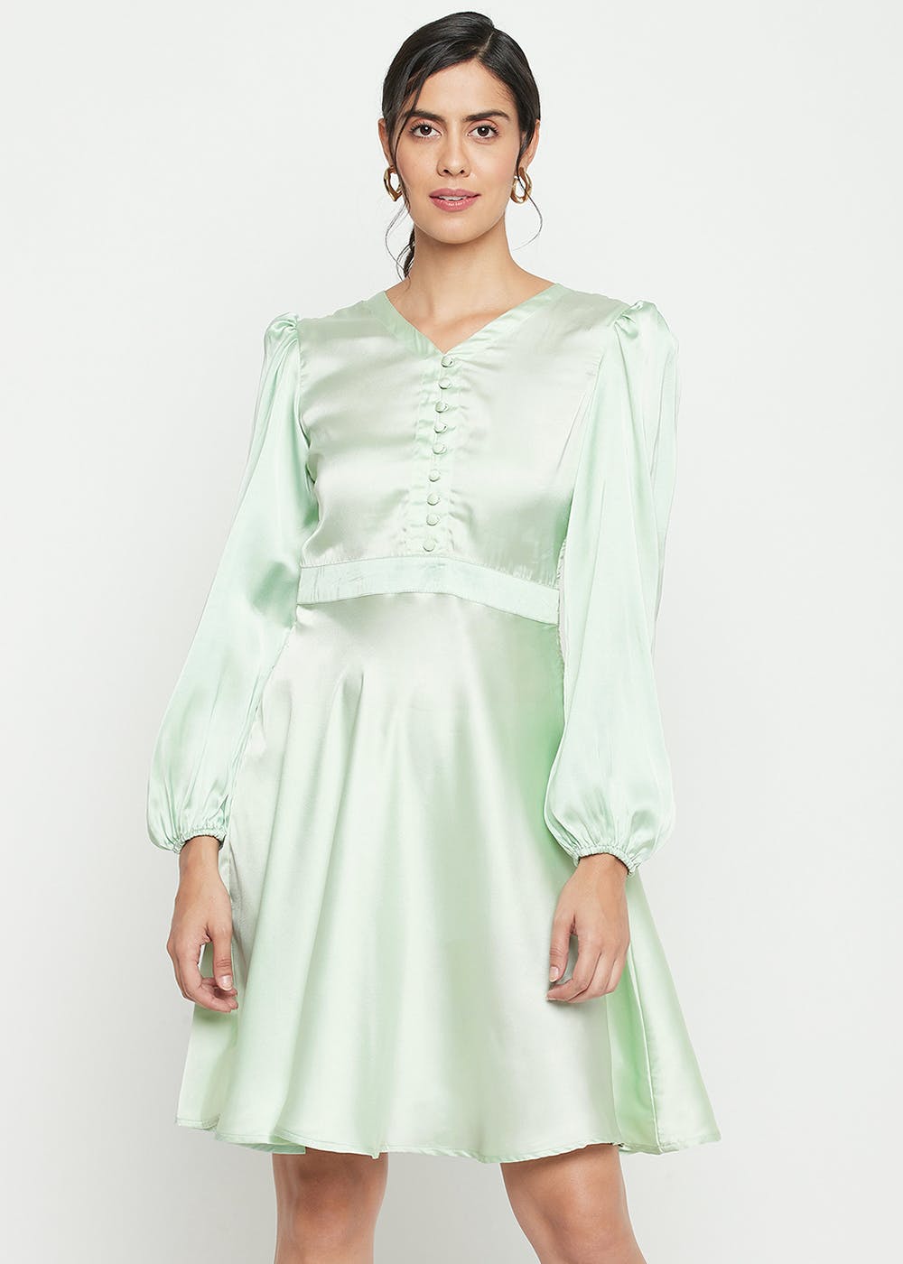 Get Classic Solid Mint Green V-Neck Fit & Flare Dress at ₹ 1199 | LBB Shop