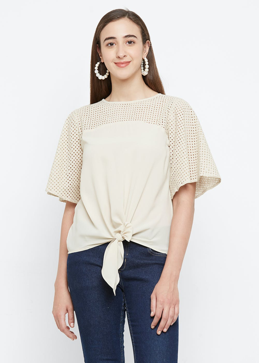 Get Hem Tie Detail Spotted Sleeves Beige Top at ₹ 1399 | LBB Shop