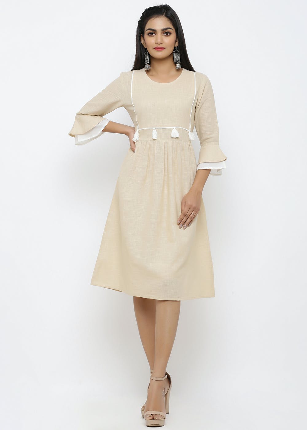 Get Beige Solid Fit and Flare Dress at ₹ 1049 | LBB Shop