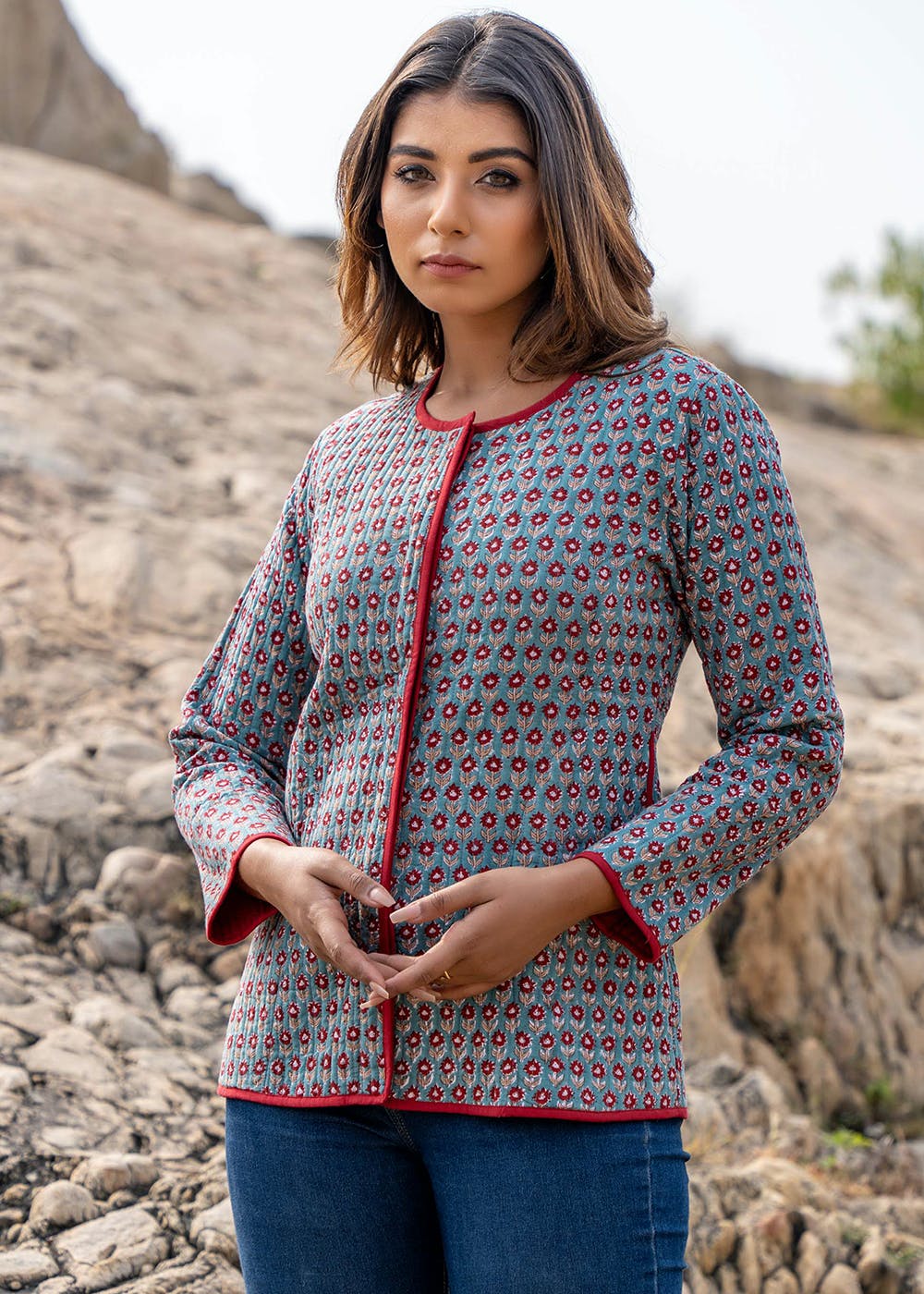 Get Green and Red Hand Block Printed Quilted Jacket at ₹ 2400 | LBB Shop