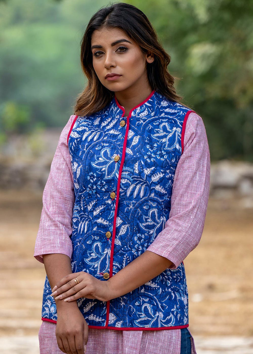 Get Blue Floral Kalamkari Block Printed Reversible Quilted Jacket at ...