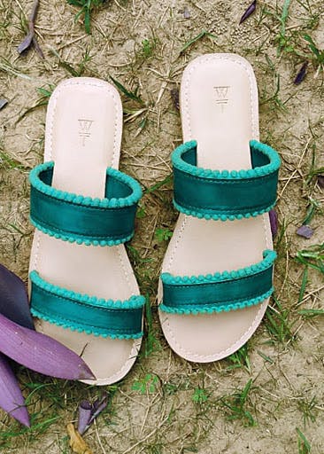 Get Handcrafted Two Strap Thread Detail Teal Slides at ₹ 999 | LBB Shop