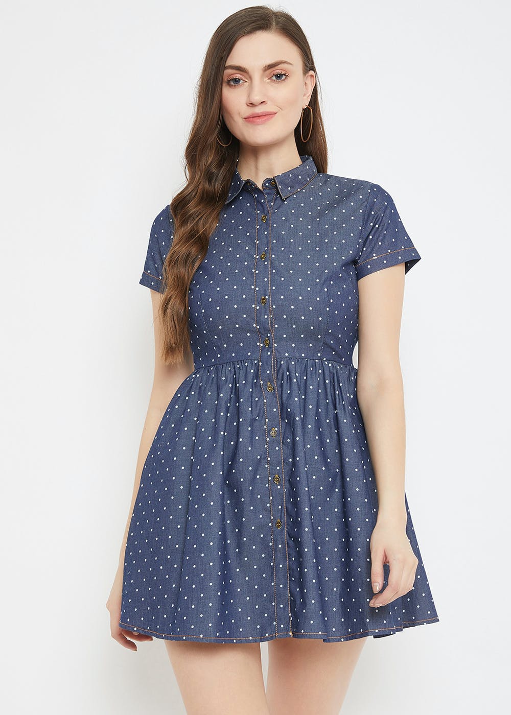 Get Polka Dots Detail Denim Skater Dress at ₹ 1995 | LBB Shop