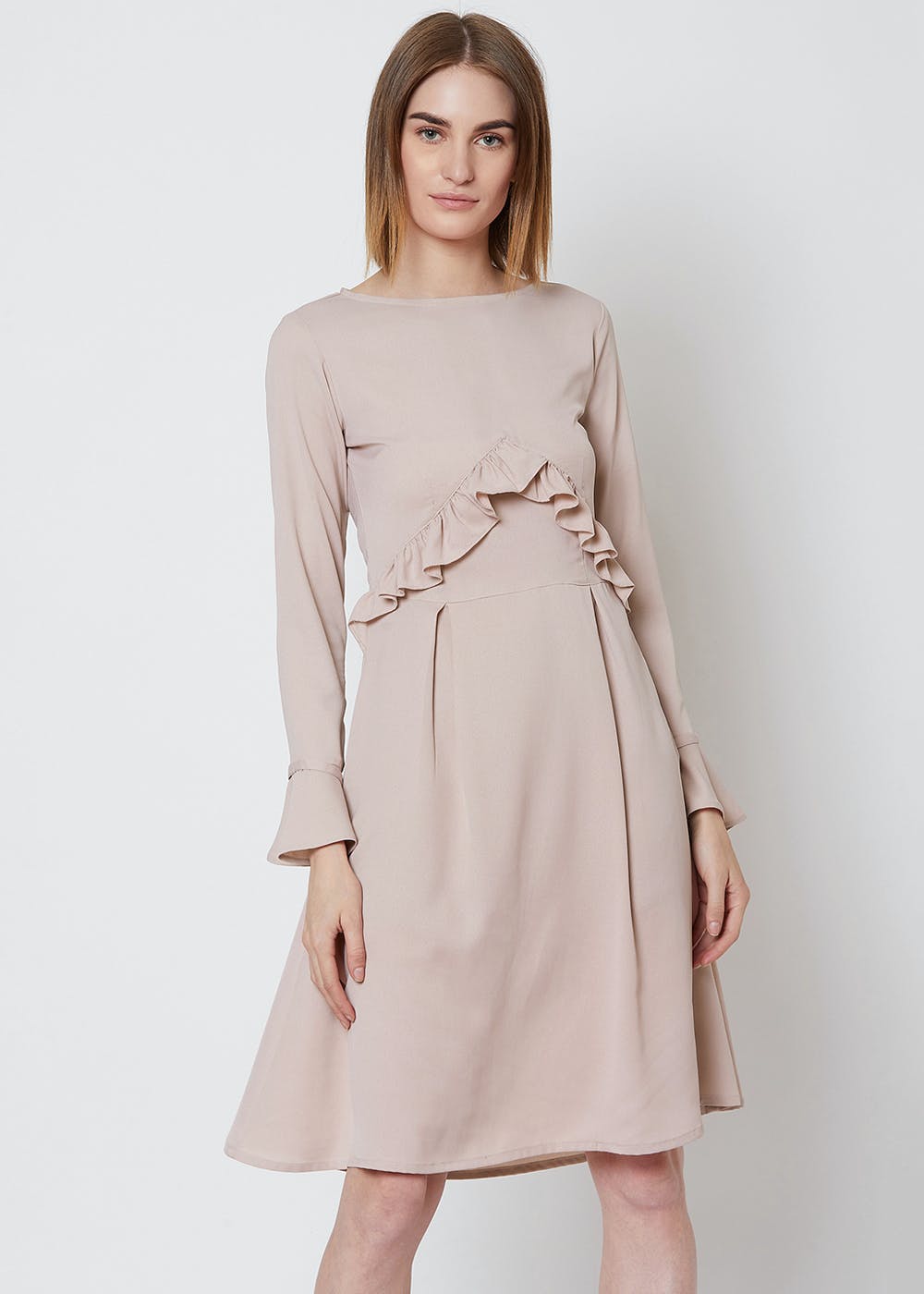 Get Cross Over Ruffle Detail Beige Fit & Flare Dress at ₹ 898 | LBB Shop