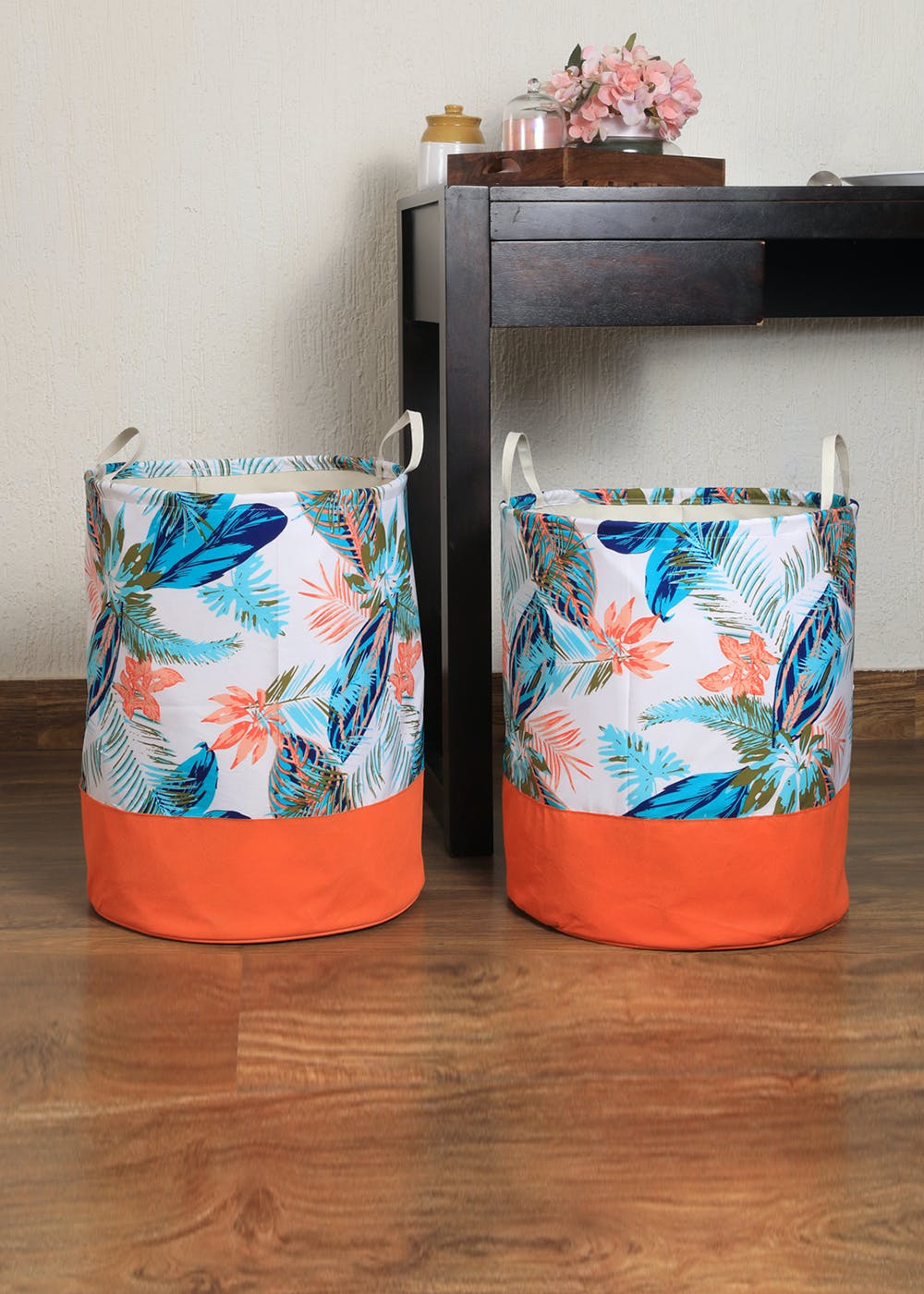 Get Orange Leaf Printed Round Laundry Hamper - Set of 2 at ₹ 599 | LBB Shop