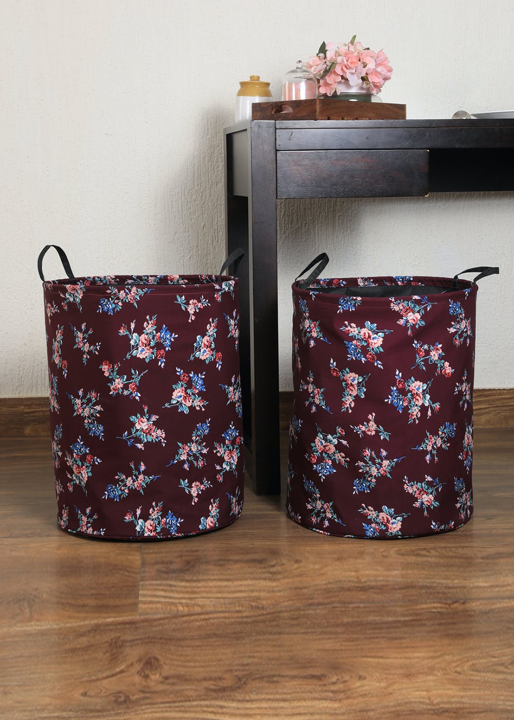 Get Maroon Floral Printed Round Laundry Hamper - Set of 2 at ₹ 599 ...
