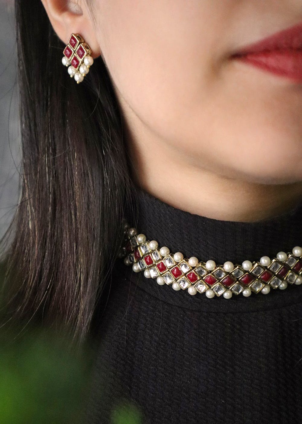 Get Kundan-Marsala Stone Choker Necklace Set - Red at ₹ 2025 | LBB Shop
