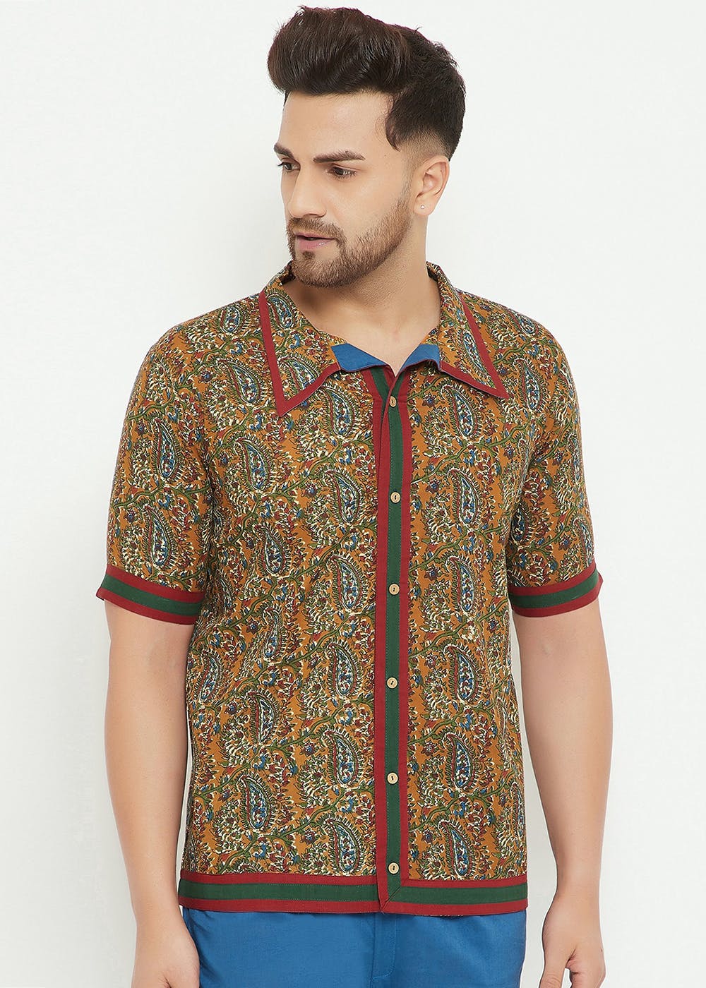 Get Green & Red Striped Trim Detail Screen Printed Full Sleeves Shirt ...