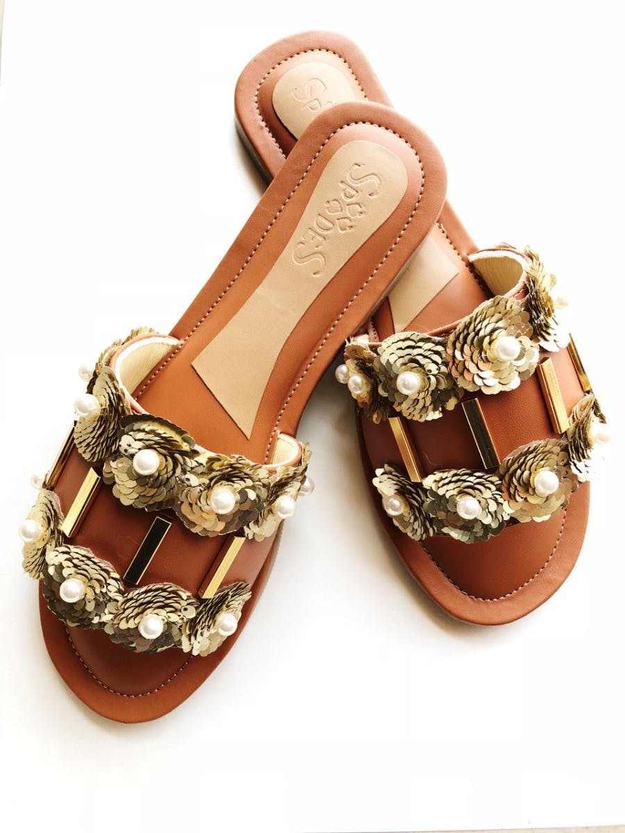 Get Floral Sequin & Pearl Embellished Slides at ₹ 1403 | LBB Shop