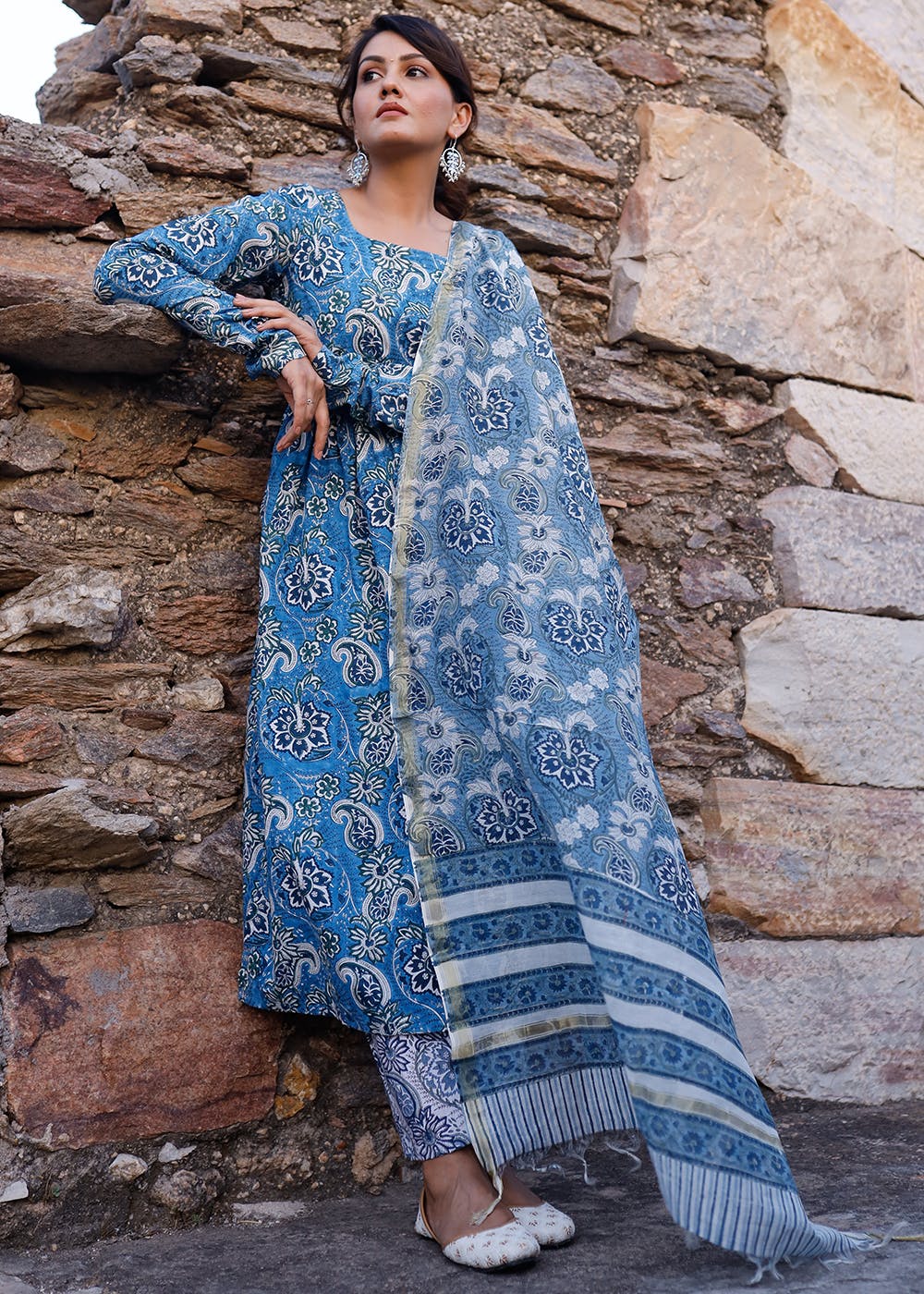 Get Blue And White Hand Blocked Suit With Pant And Chanderi Dupatta at ...