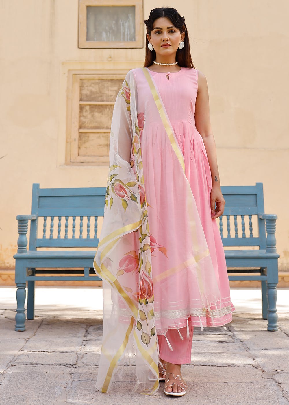 Get Solid Pink Anarkali Suit Set With Hand Painted Organza Dupatta at ...