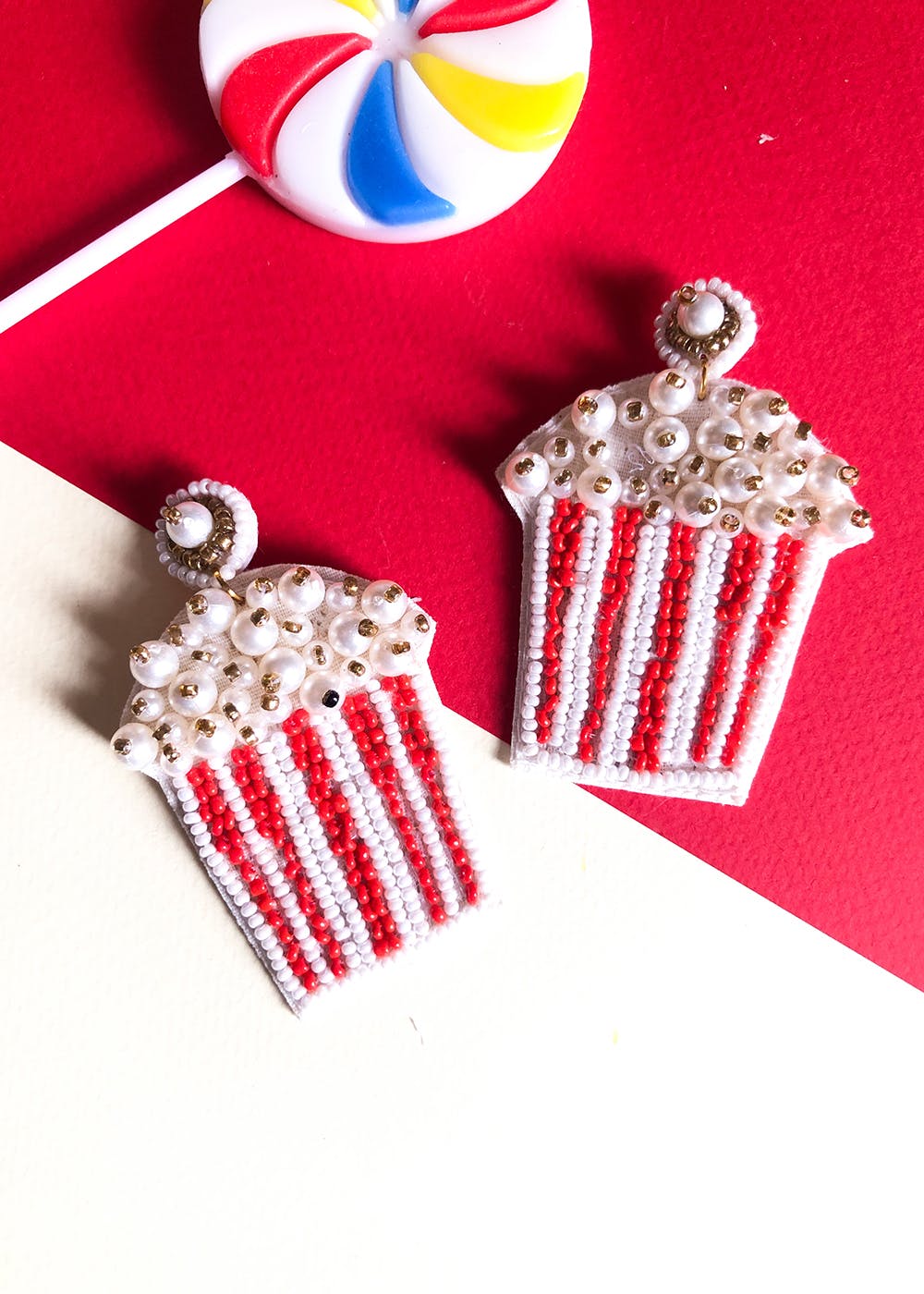 Get Red & White Beaded Popcorn Tub Earrings at ₹ 500 | LBB Shop