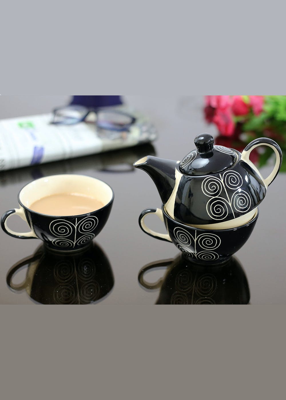 Get Double Decker Set of Black Hand Painted Ceramic Pot And Cup at ...
