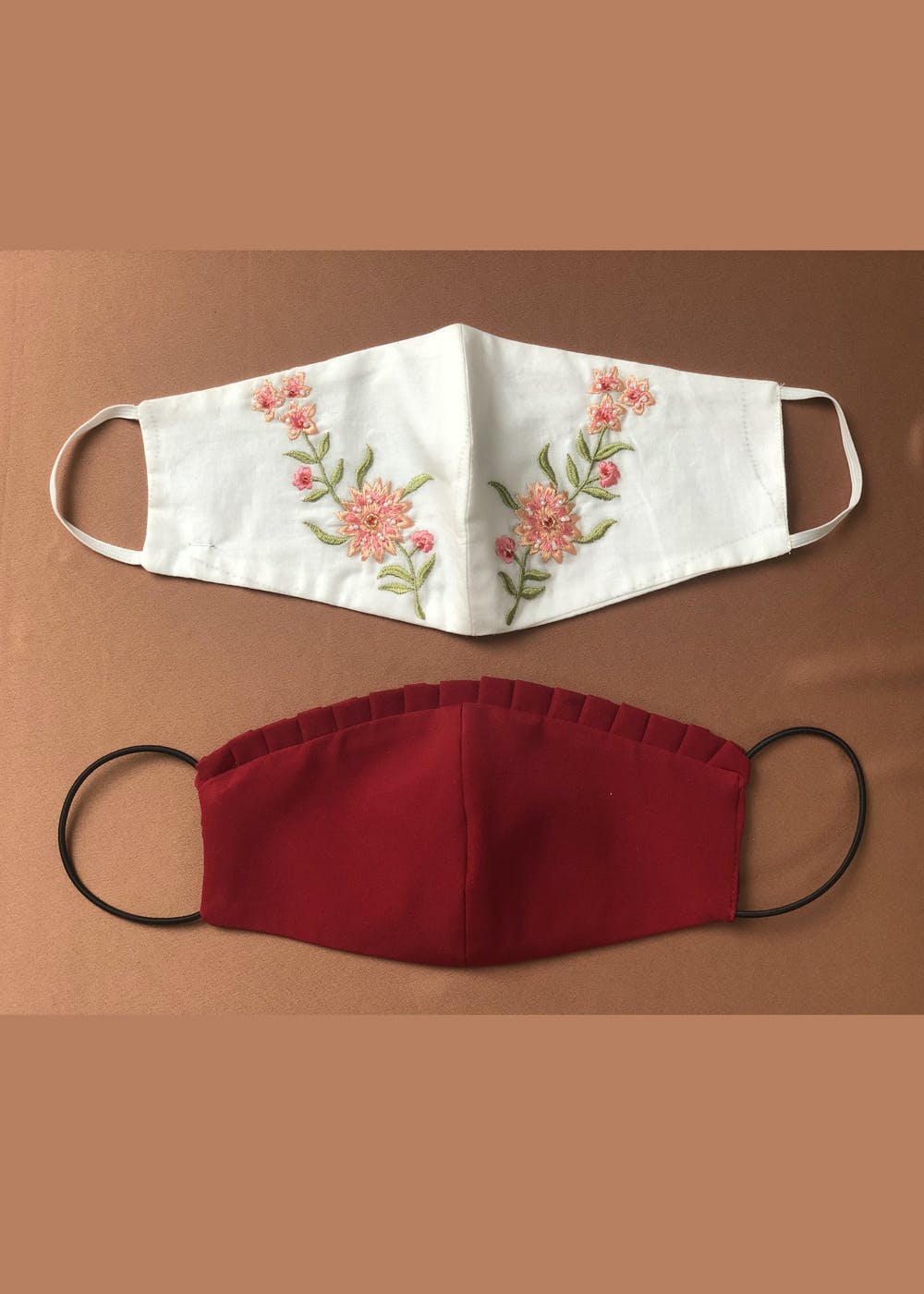 Get (Set of 2) Red Plain With Frill & White Embroidered Cotton Mask at ...