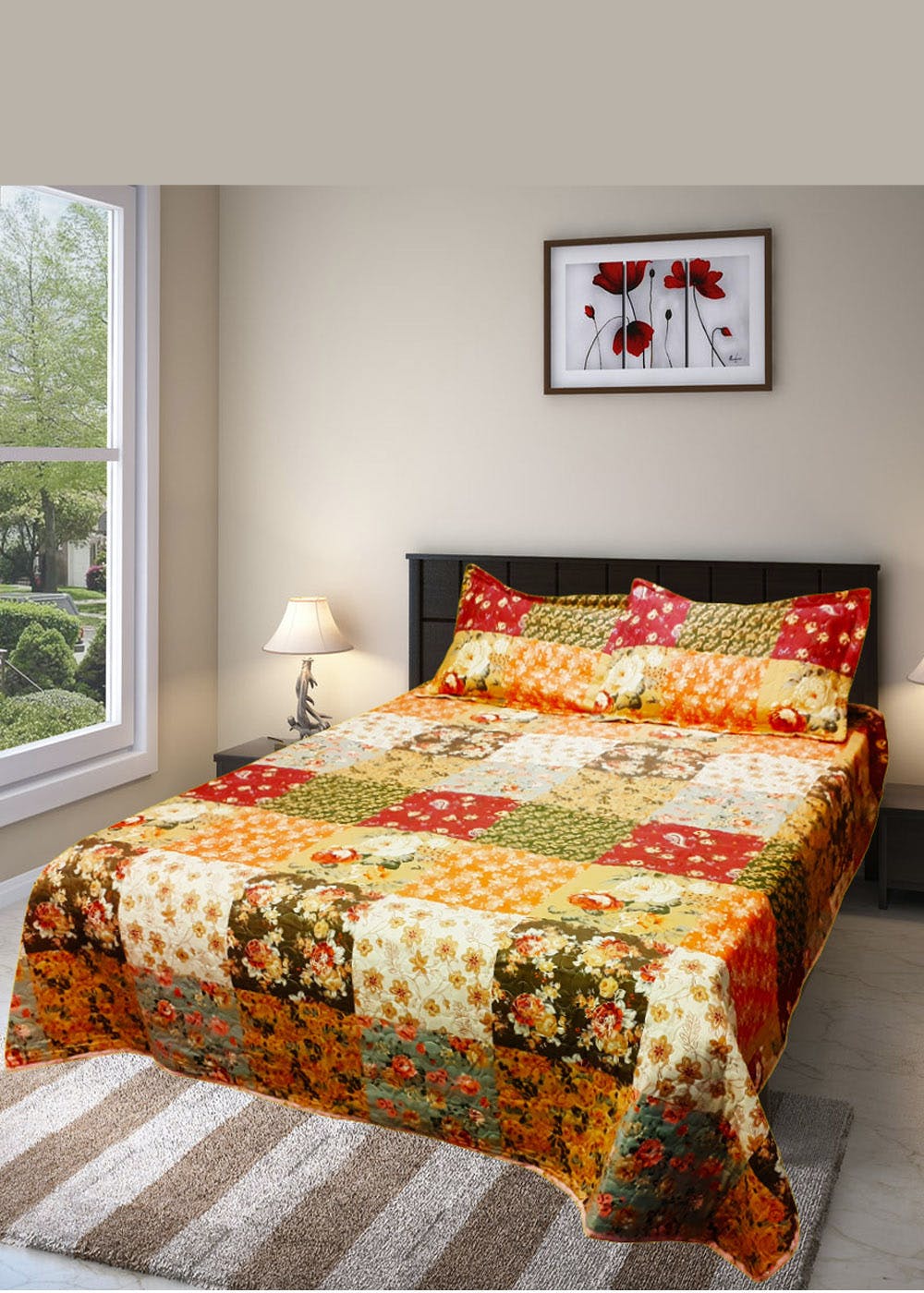 Get Multicolored Floral Printed Reversible Quilted Bed Cover With ...