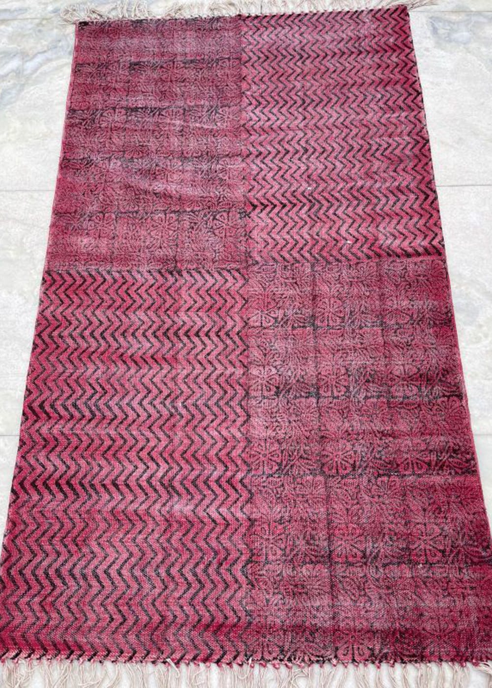 Get Red Block Printed Cotton Rug at ₹ 1600 | LBB Shop