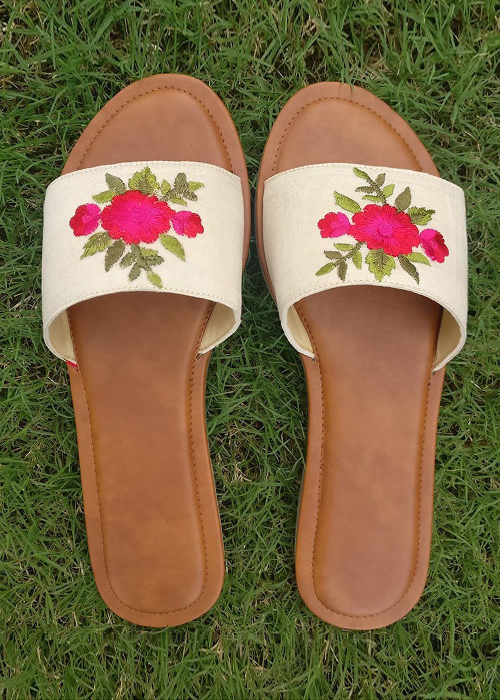 Get Embroidered Cream Flower Sliders at ₹ 799 | LBB Shop