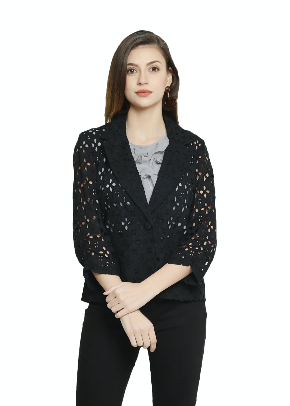 Get Schiffli Lapel Neck Black Jacket at ₹ 999 | LBB Shop
