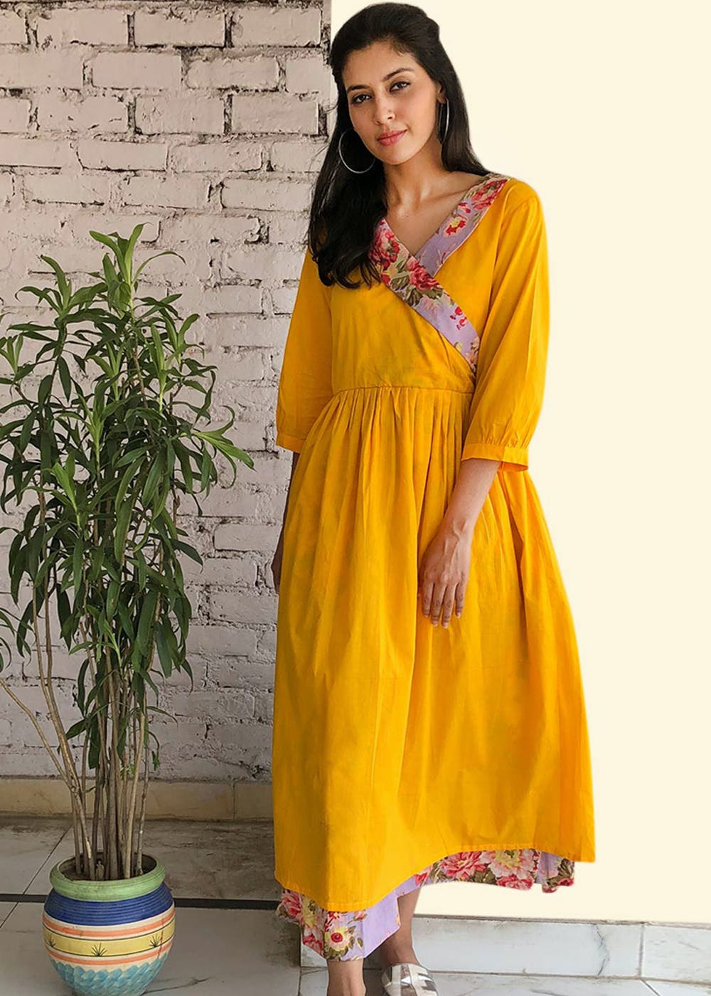 Get Floral Patch Detail Yellow Angrakha Dress at ₹ 2800 | LBB Shop