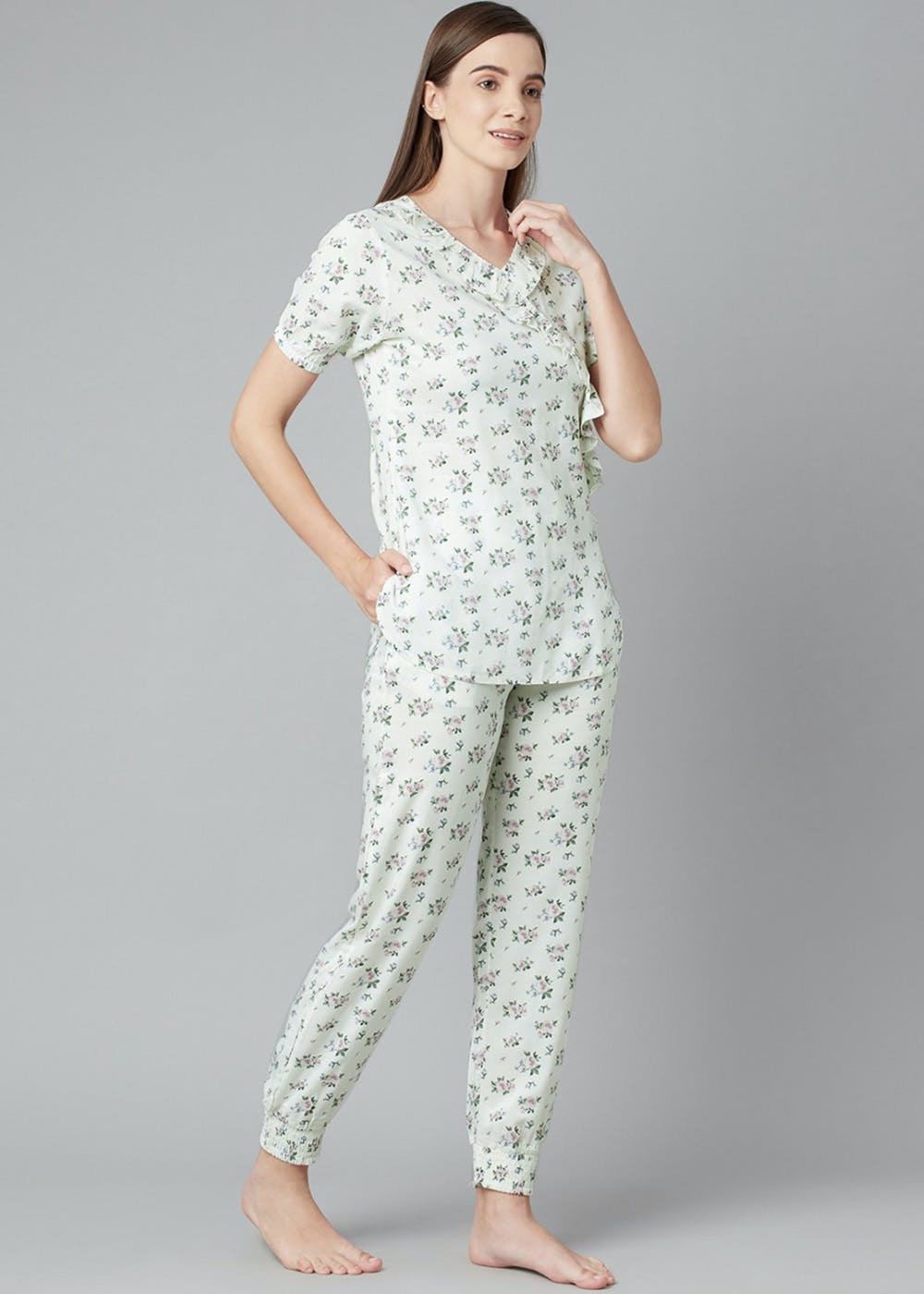 Get Floral Ruffles White Loungewear Set at ₹ 1449 | LBB Shop