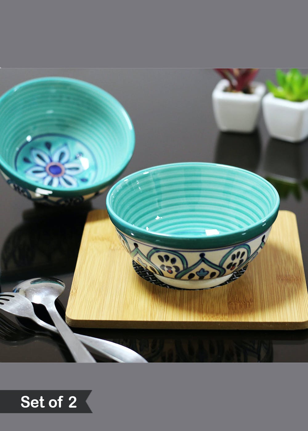 Get Hand Painted Green Pattern Large Ceramic Bowl - Set of 2 at ₹ 1029 ...