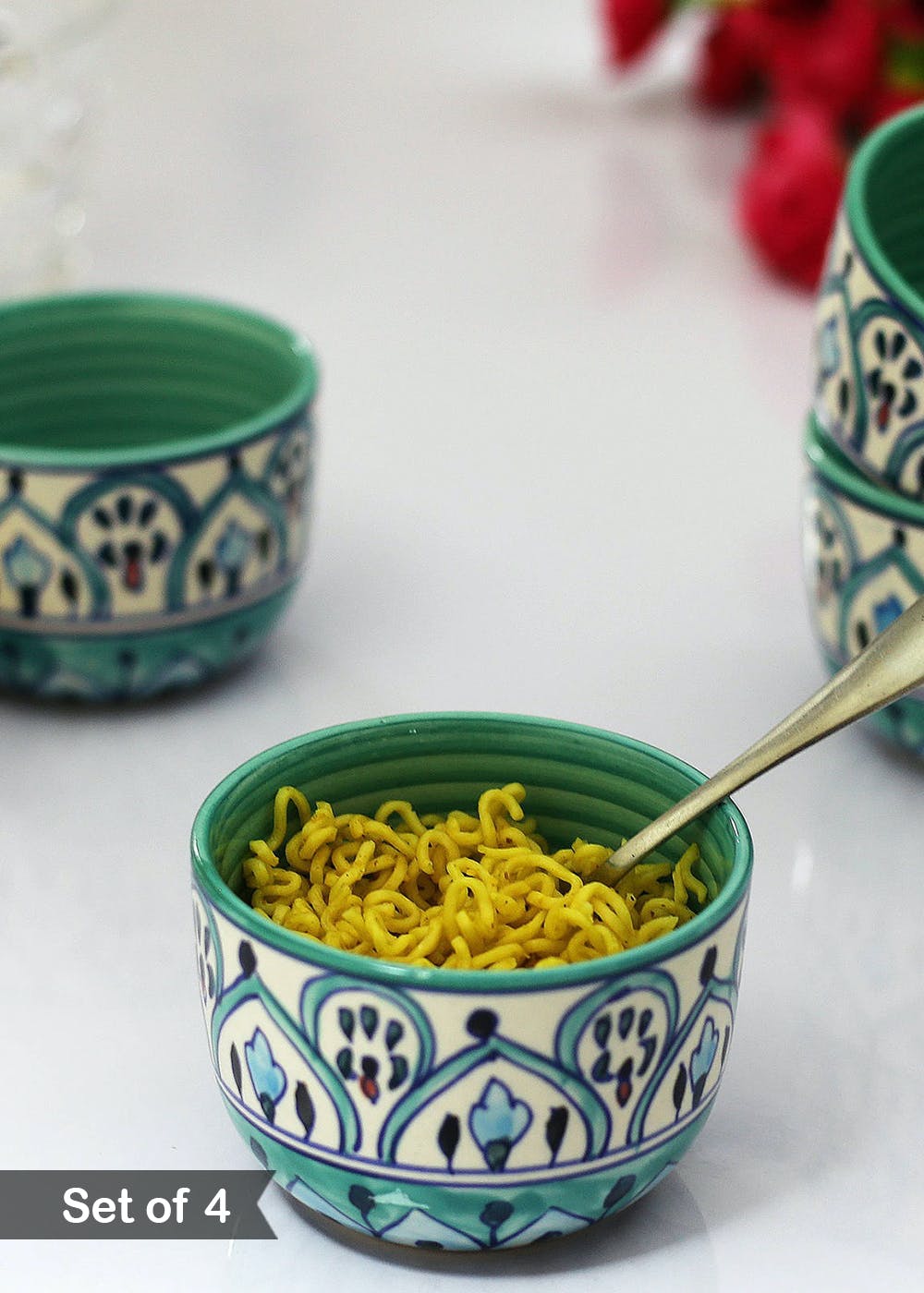 Get Hand Painted Green Pattern Ceramic Bowl - Set of 4 at ₹ 1095 | LBB Shop