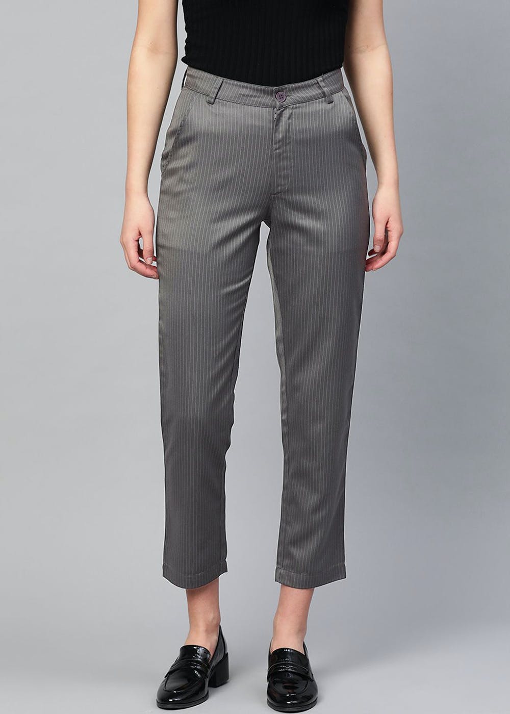 Get Grey Stripes Slim-Fit Trousers at ₹ 1849 | LBB Shop